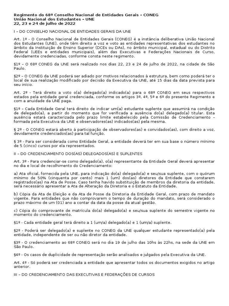 Regimento do 68º CONEG da UNE | PDF | Direito