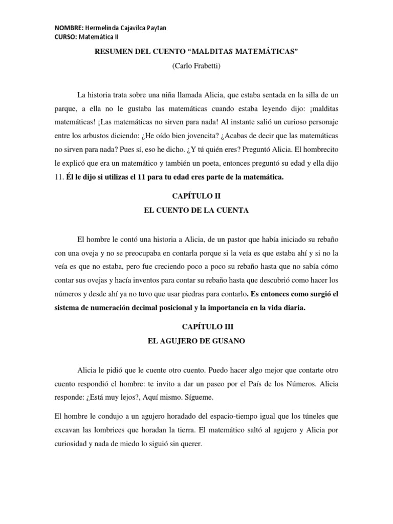 Resumen Del Cuento Malditas Matematicas | PDF | Las aventuras de Alicia en el País de las ...