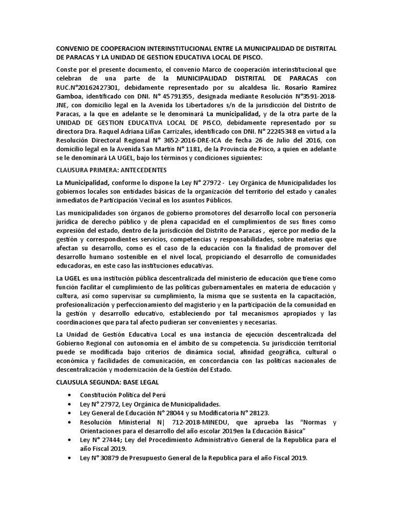 Convenio de Cooperacion Interinstitucional Entre La Municipalidad de Distrital de Paracas y La ...