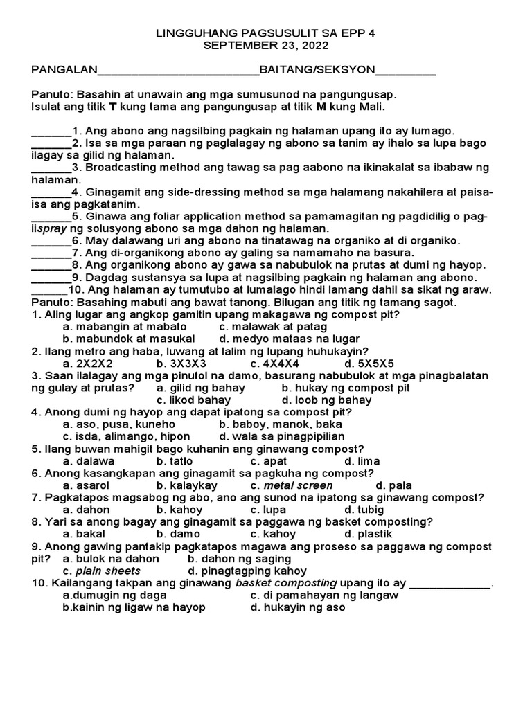 LINGGUHANG-PAGSUSULIT-SA-EPP-4 | PDF