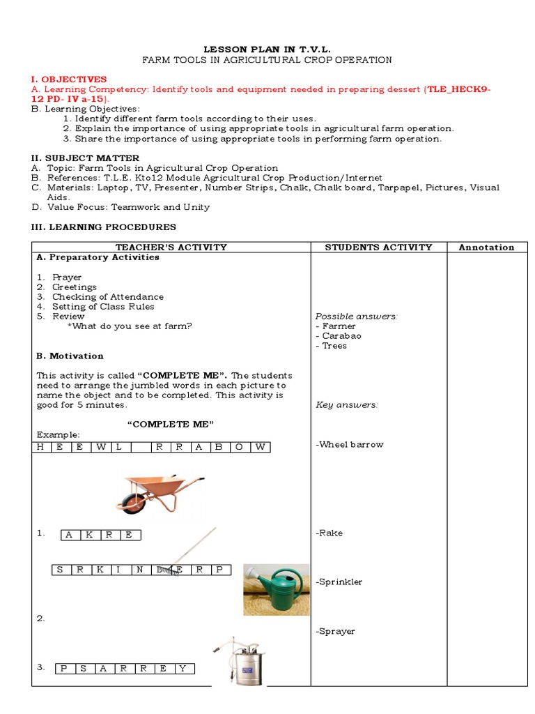 Farm Tools in Crop Production Lesson Plan | PDF | Agriculture | Fertilizer