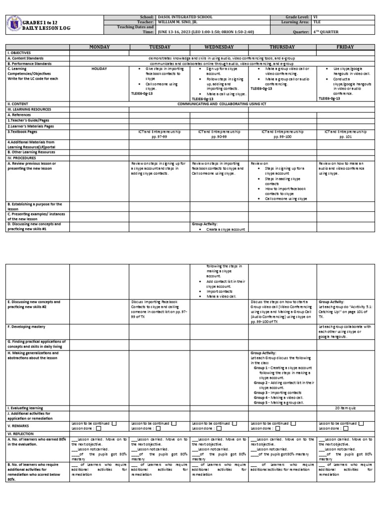 Daily Lesson Plan_TLE 6_Q4_W7 | PDF | Educational Technology ...