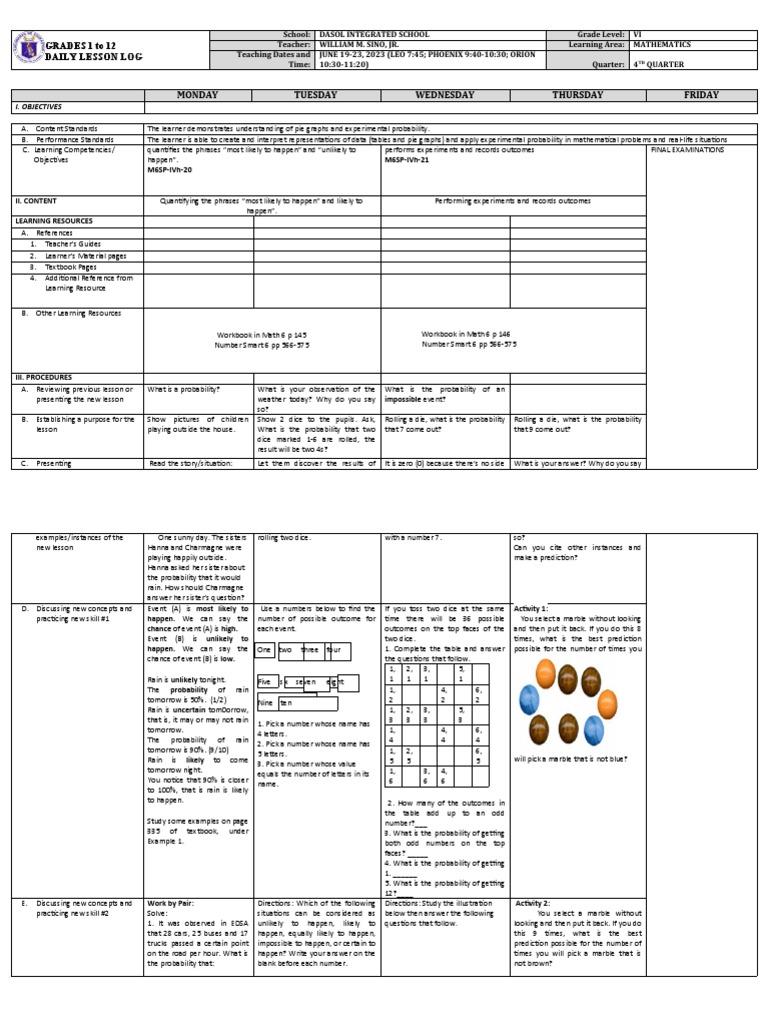 Daily Lesson Plan - MATHEMATICS 6 - Q4 - W8 | PDF | Probability | Odds