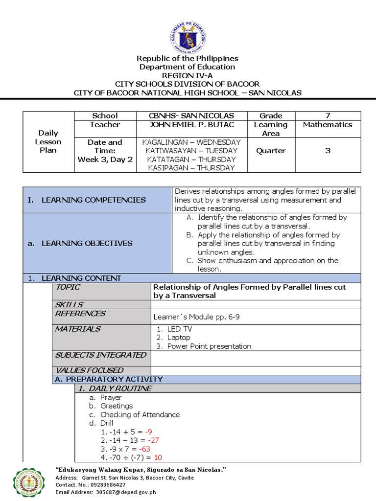 DLP - Math7 - Q3 - W3 - Day 2 | PDF | Learning | Geometry