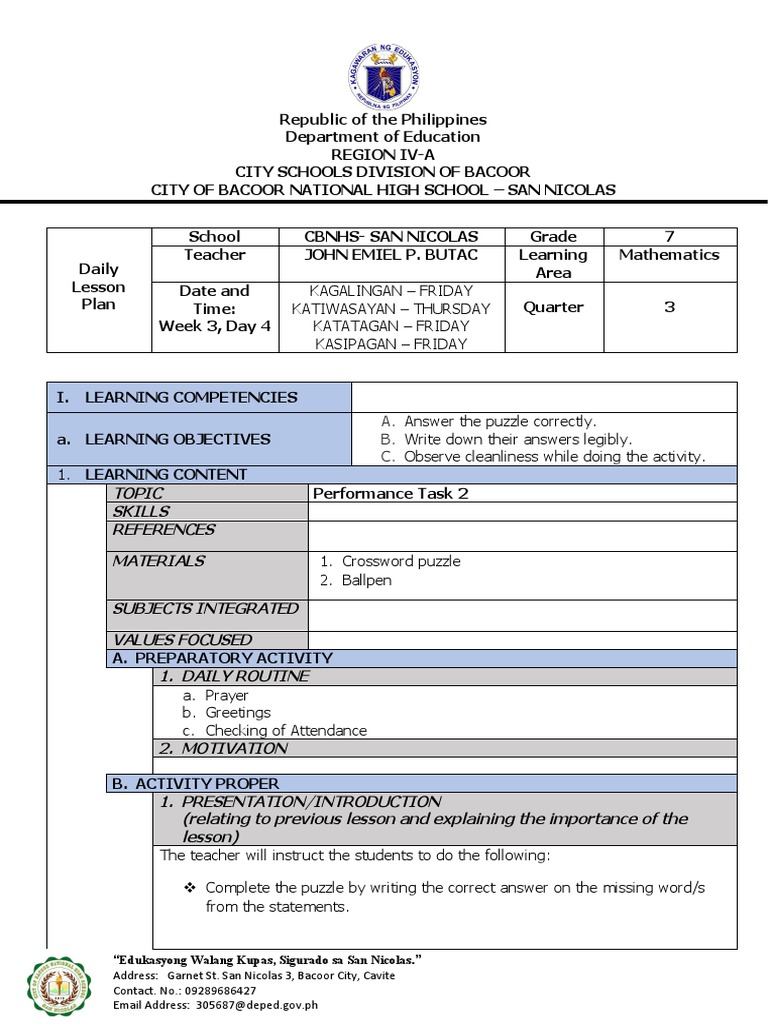 DLP - Math7 - Q3 - W3 - Day 4 | PDF | Teachers | Learning