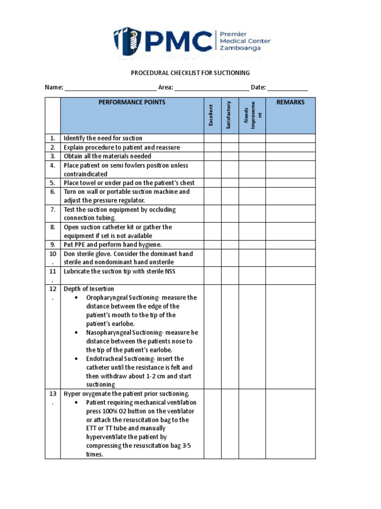 Procedural Checklist For Suctioning | PDF | Cardiopulmonary Resuscitation | Clinical Medicine