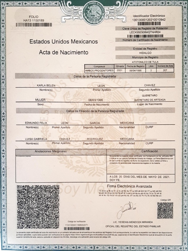 Karla Belén León Chávez Acta de Nacimiento | PDF