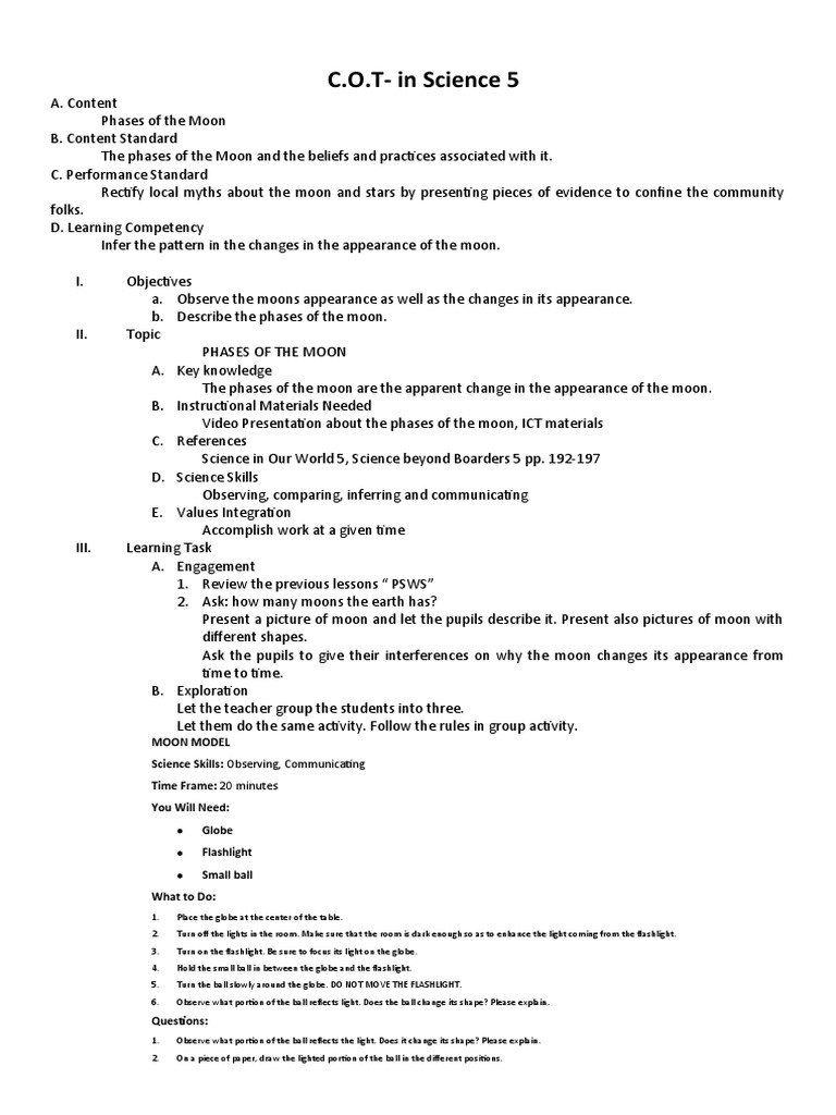 COT - DLP - SCIENCE 5 q4 | PDF | Moon | Cognition