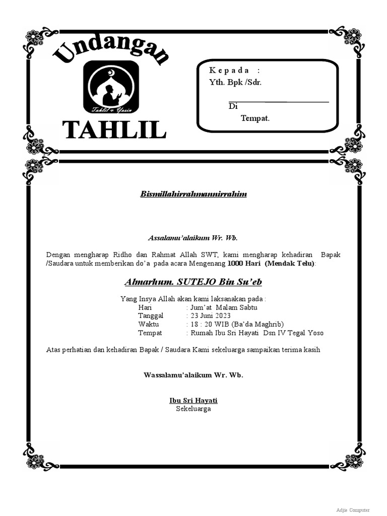Undangan Tahlil Kosongan | PDF