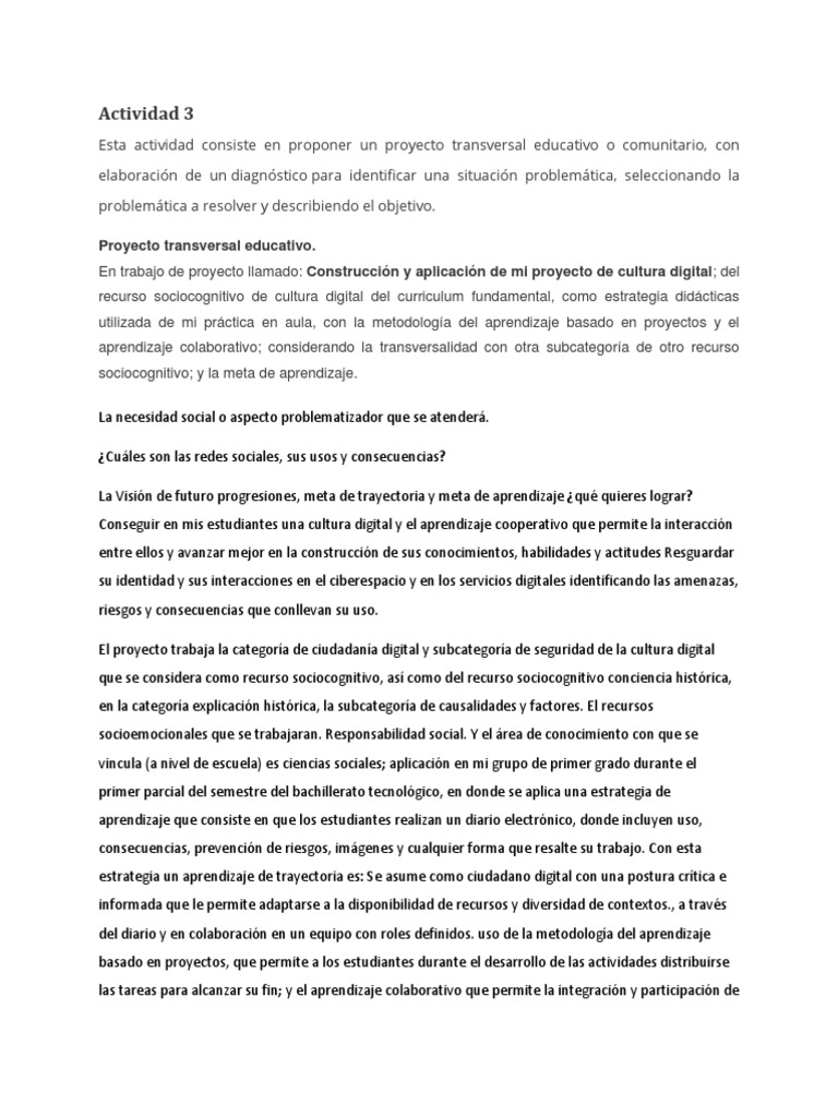 Actividad 3 Diagnostico y proyecto transversal | PDF | Aprendizaje | Plan de estudios