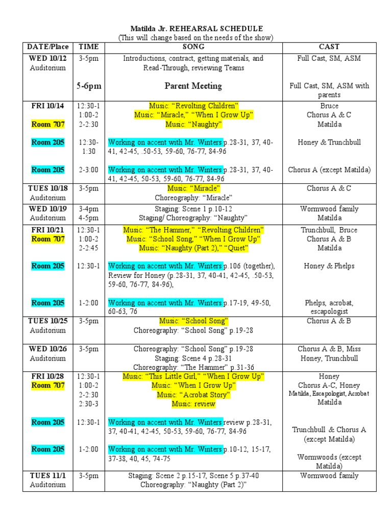 Matilda Rehersal Schedule | PDF | Oral Literature | Theatre