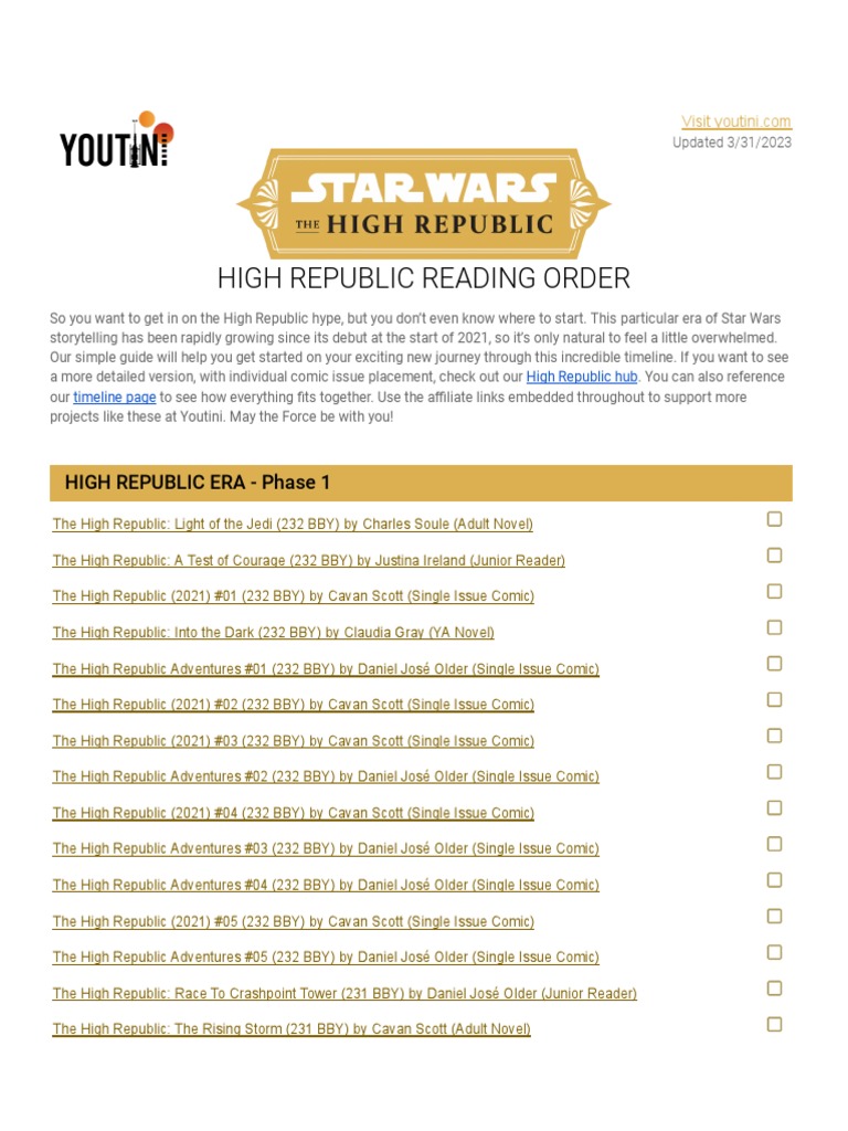 Printable High Republic Reading Order PDF | PDF | Publications | Star Wars