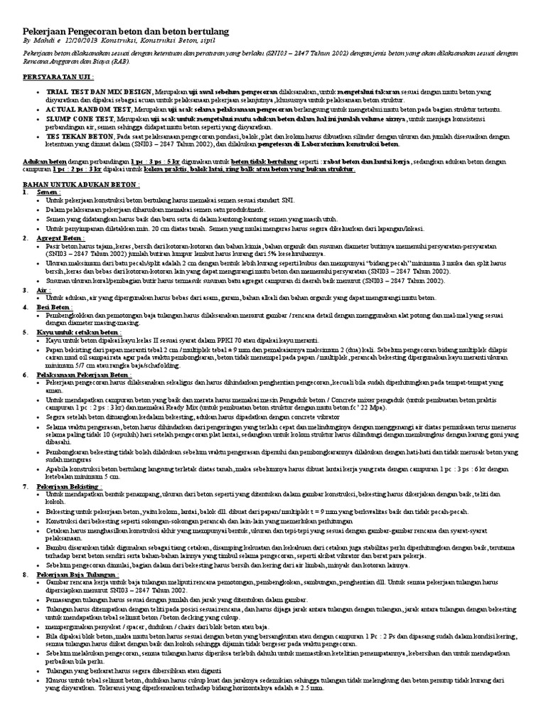 Pekerjaan Pengecoran Beton Dan Beton Bertulang | PDF