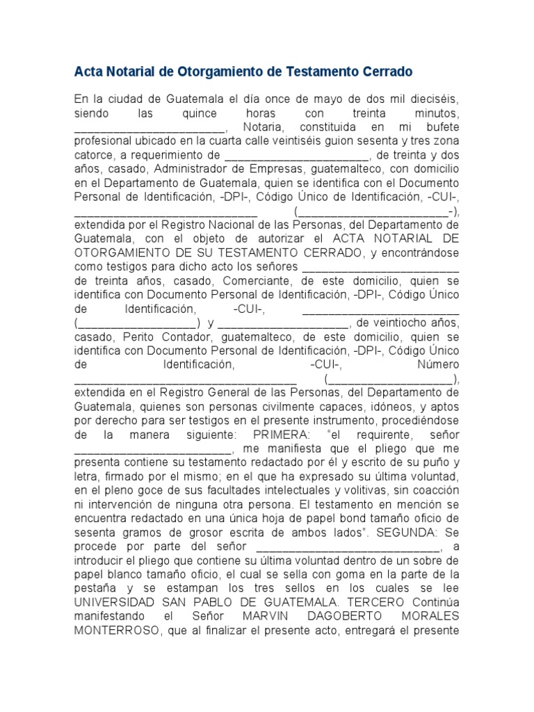 Acta Notarial de Otorgamiento de Testamento Cerrado | PDF | Justicia ...