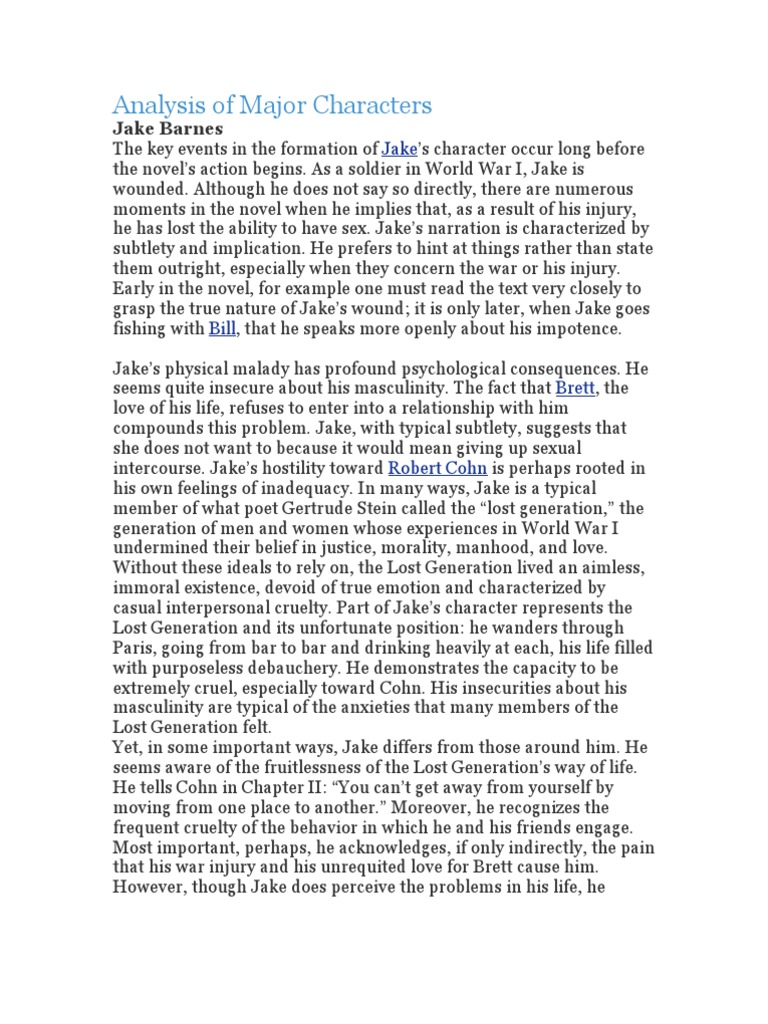 Analysis of Major Characters | PDF | Masculinity | Ernest Hemingway