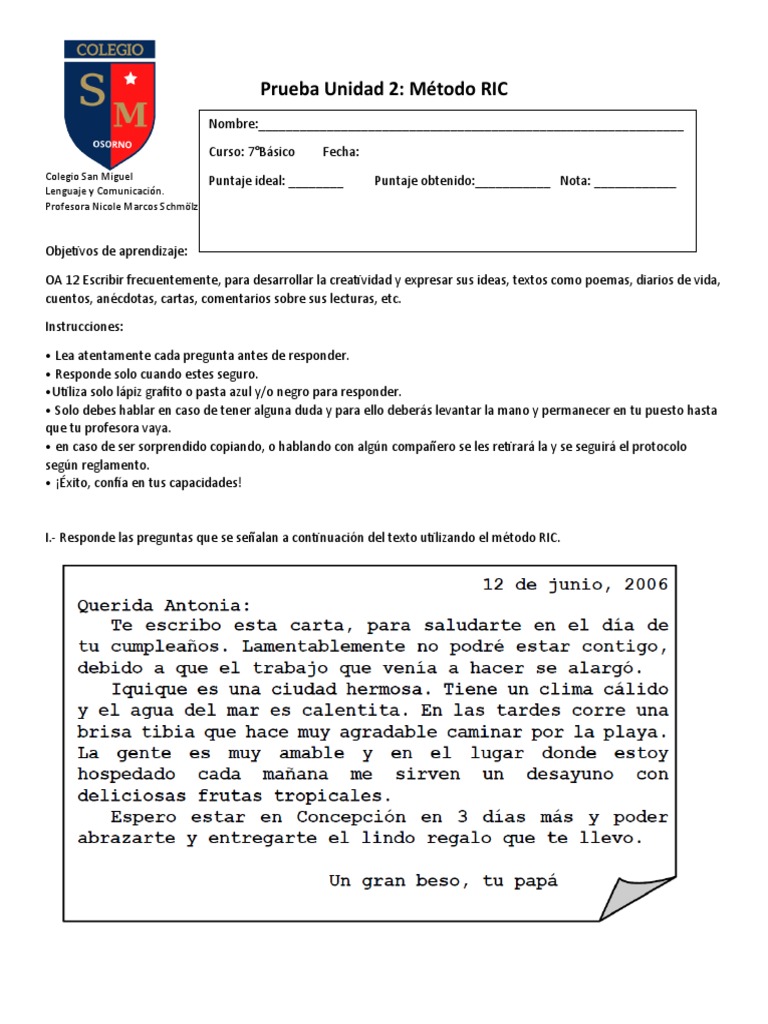 Prueba Lenguaje 3ro Método RIC | PDF