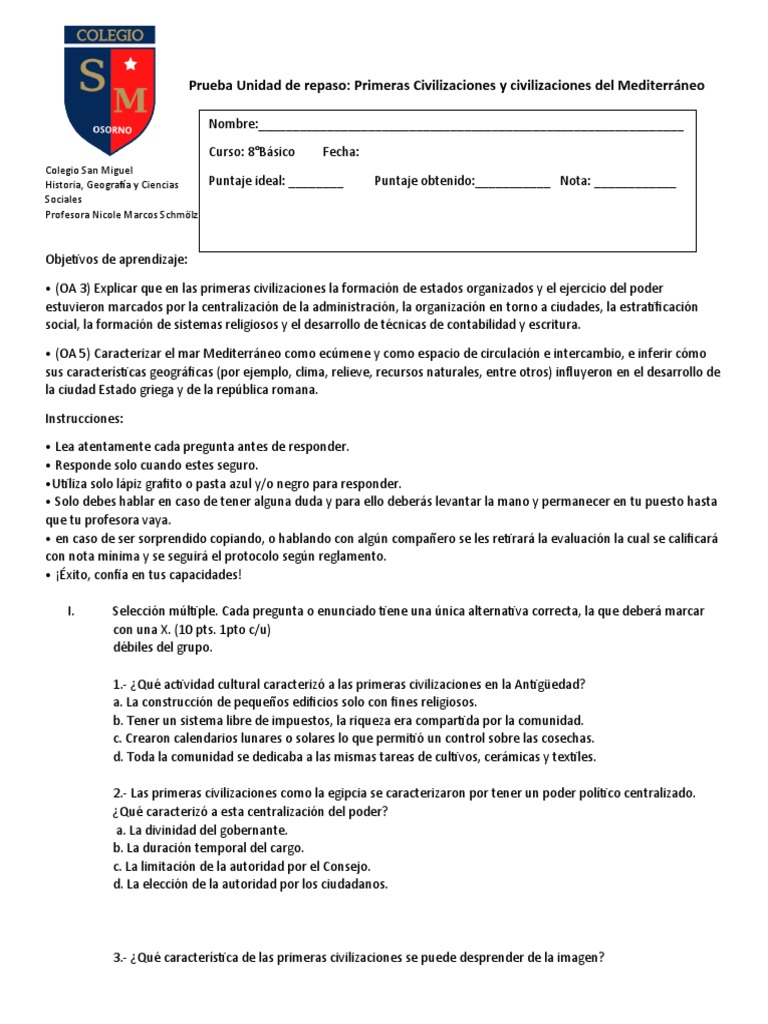 Prueba Unidad 1 Historia 8vo | PDF | Antiguo Egipto | Agricultura