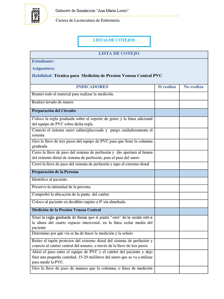 Lista de Cotejo PVC y Pia | PDF | Medicina CLINICA