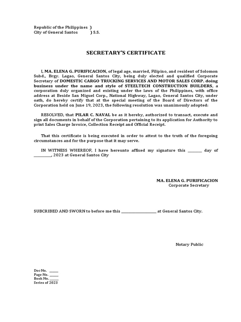 Secretary's Certificate Receipts | PDF