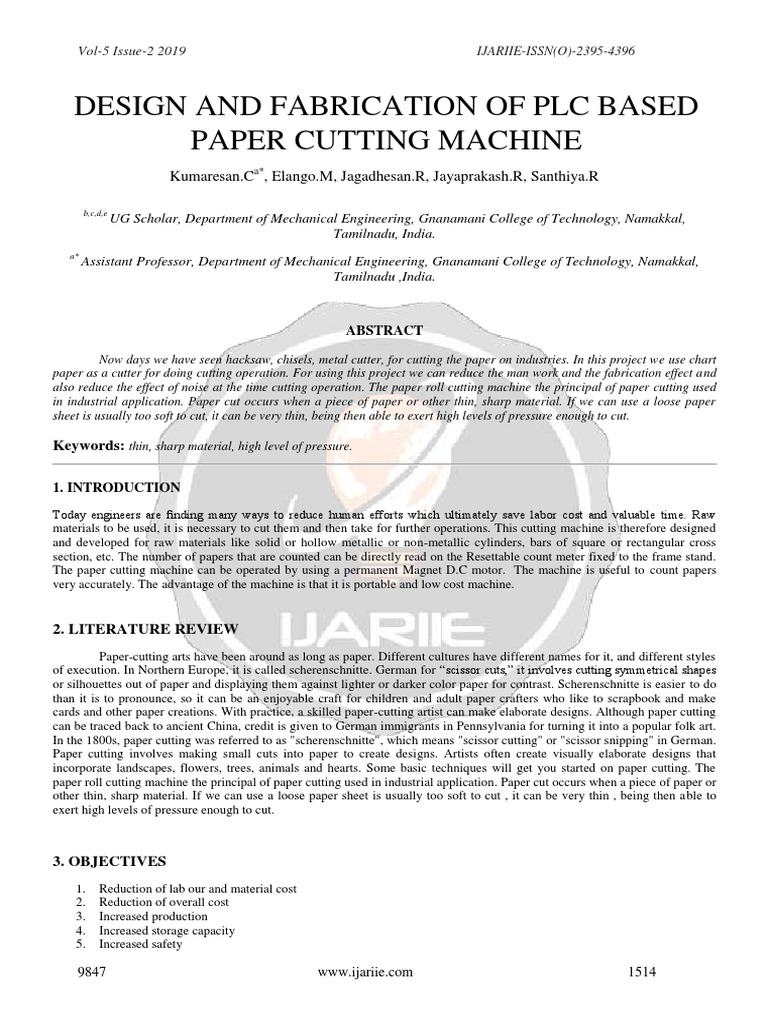 DESIGN AND FABRICATION OF PLC BASED PAPER CUTTING MACHINE Ijariie9847 ...