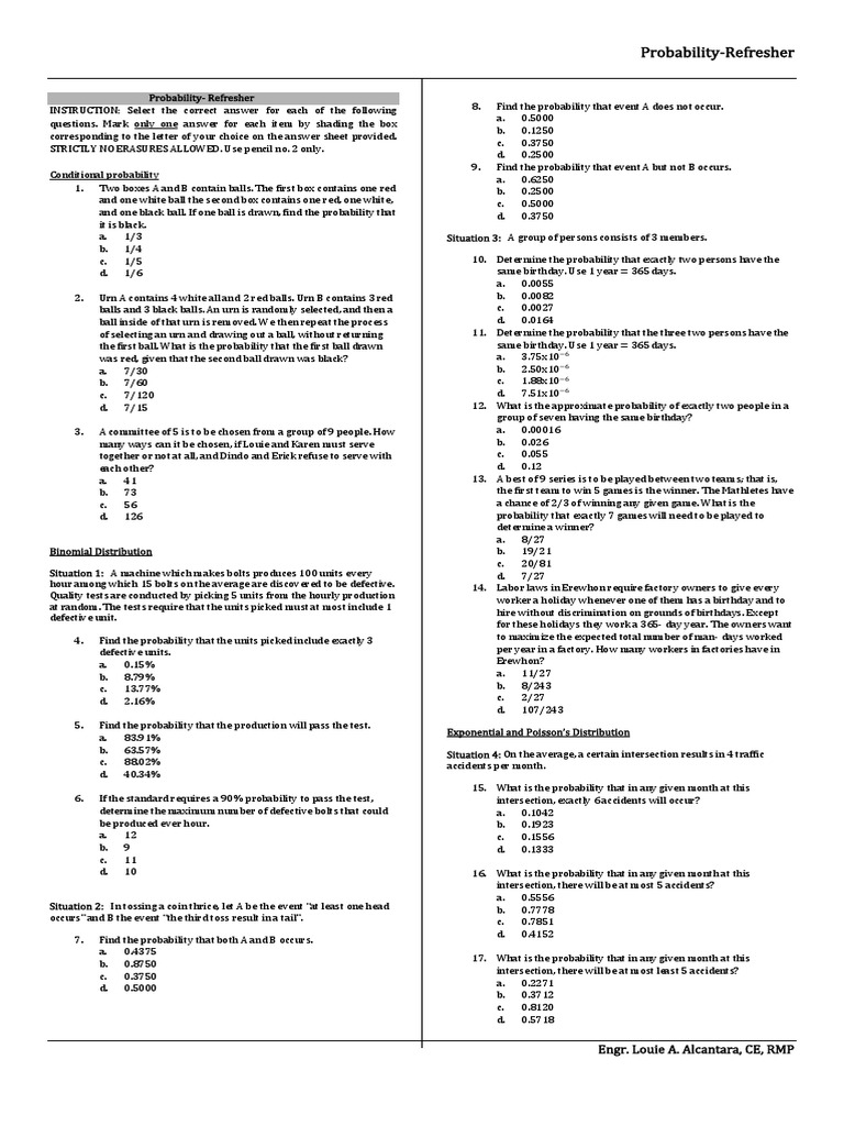 Refresher (Probability) | PDF | Probability | Statistical Theory