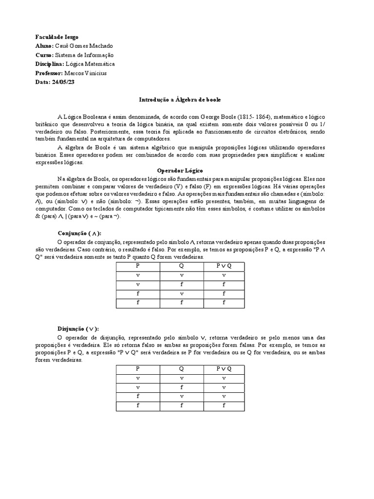 Atividade-logica-de-boole | PDF | Lógica matemática | Álgebra booleana