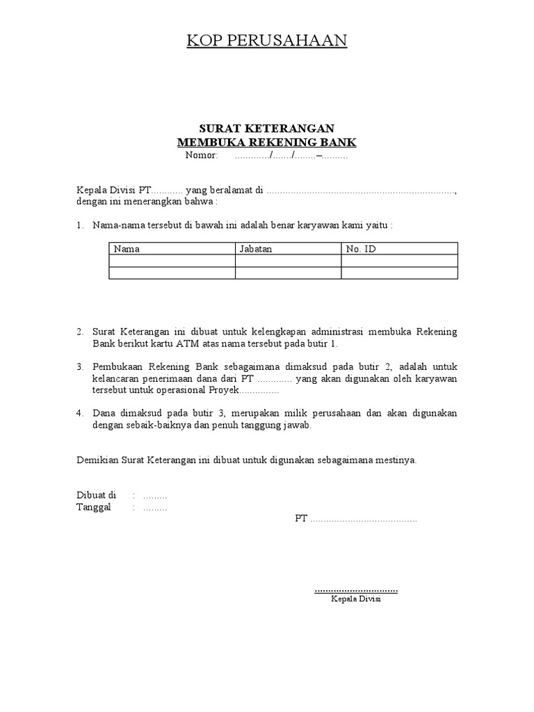 contoh surat pembukaan rekening bank | PDF