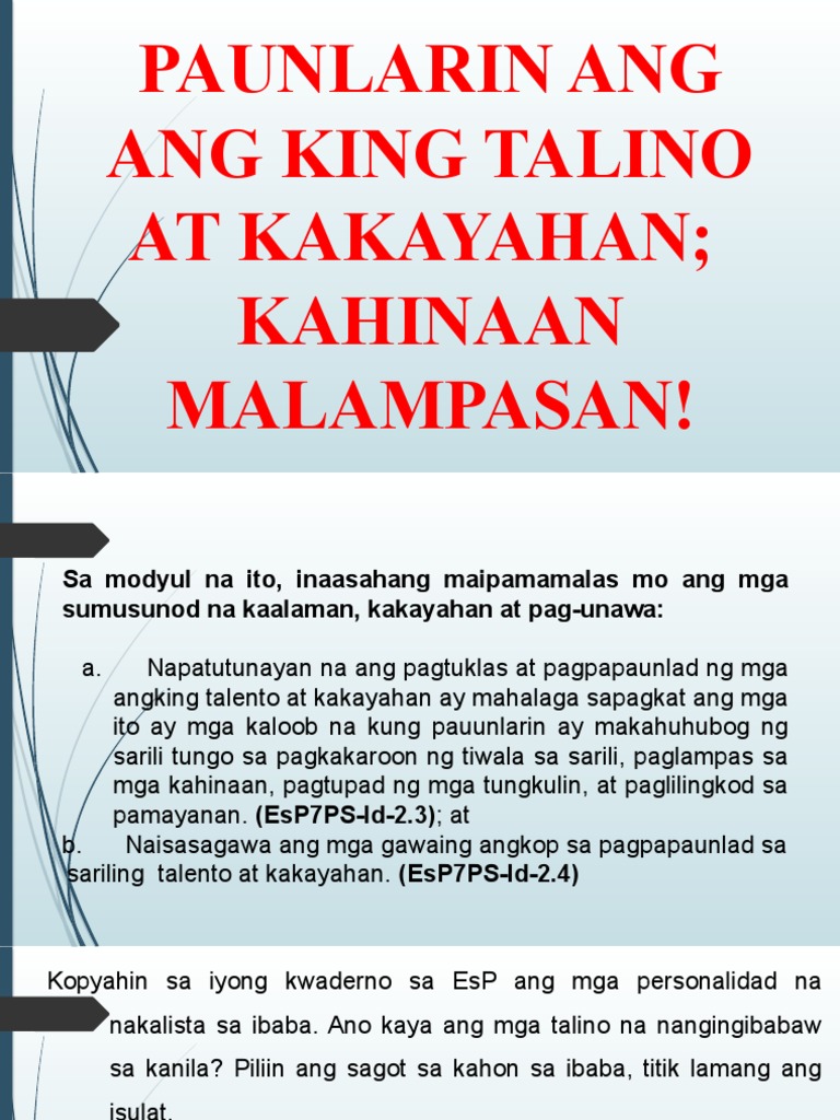 Esp 7 Q1 W4 Paunlarin Ang Angking Talino at Kakayahan | PDF