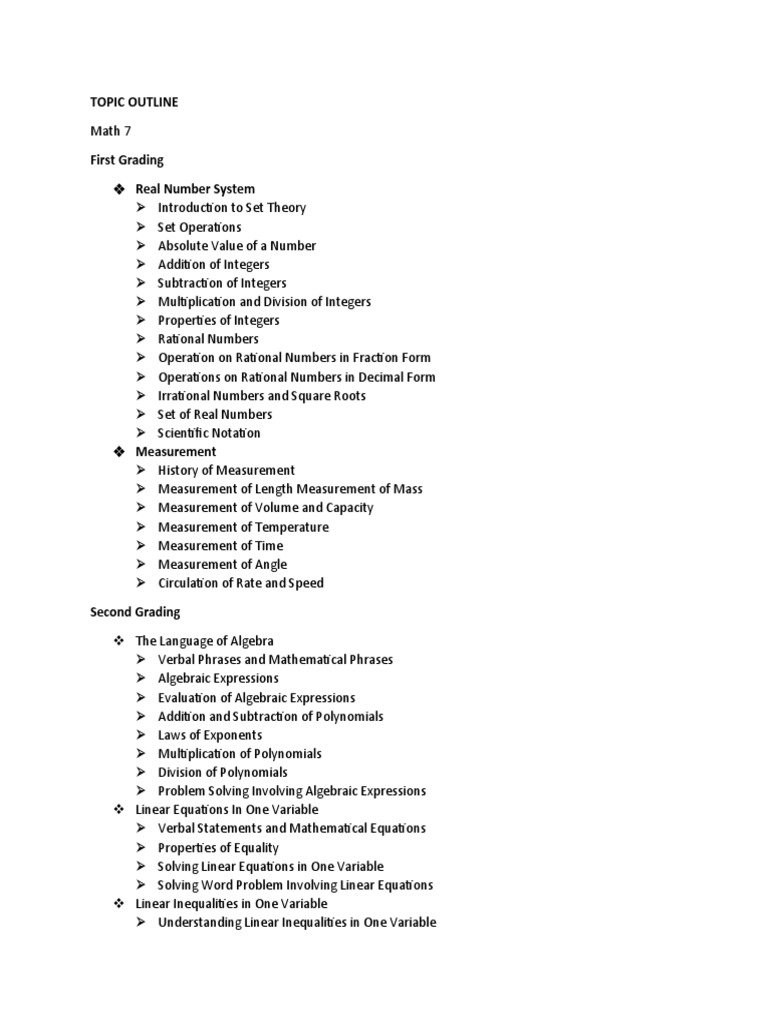 Topic Outline in Grade 7 | PDF