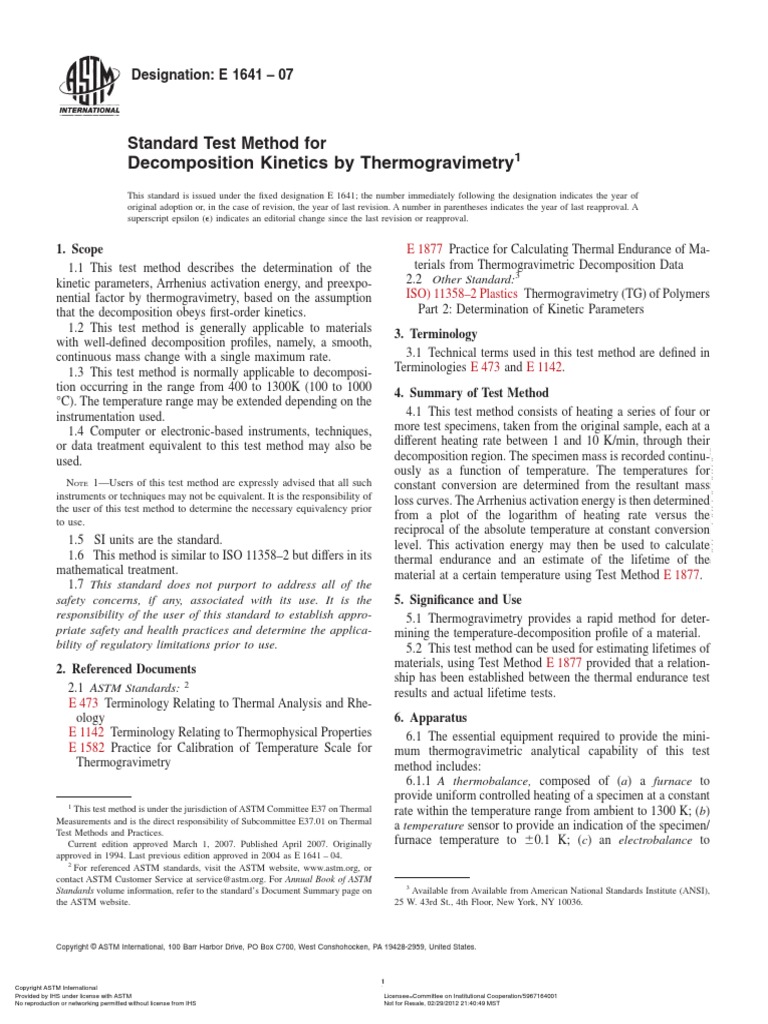 Astm E1641 - 07 | PDF | Thermogravimetric Analysis | Physical Sciences