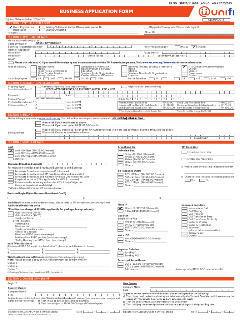 Unifi Business Form 100mbps 47sites - (AG.K.2023.063) Signed | PDF ...