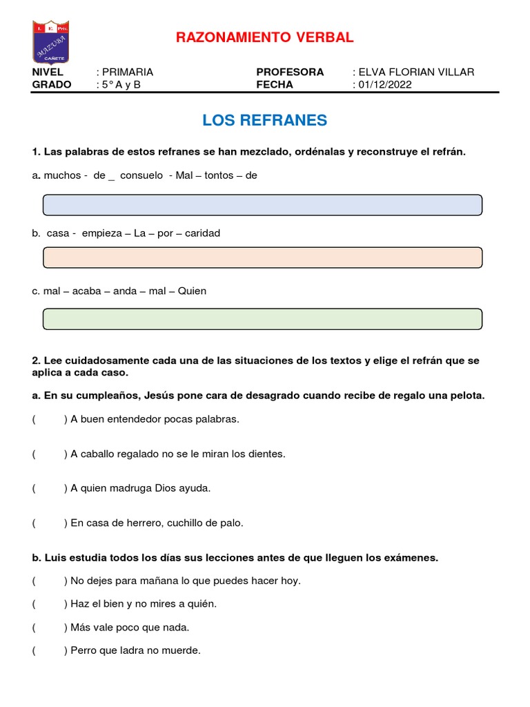 Razonamiento Verbal-5to Refranes | PDF