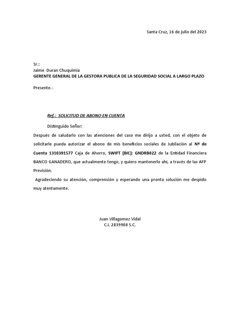 Carta Gestora Publica Solicitud de Cuenta Cambio | PDF | Ciencias sociales | Derecho