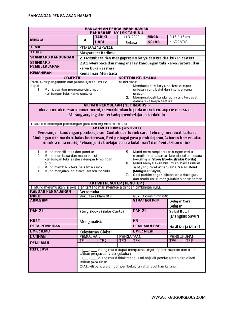 RPH Minggu 4 BM THN 4 by Cikgu Gorgeous | PDF | Karier & Perkembangan