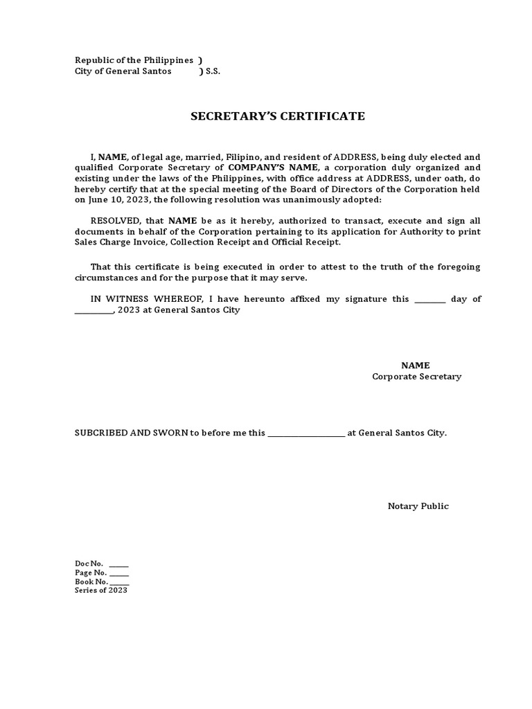 Secretary's Certificate for Authority to Print | PDF