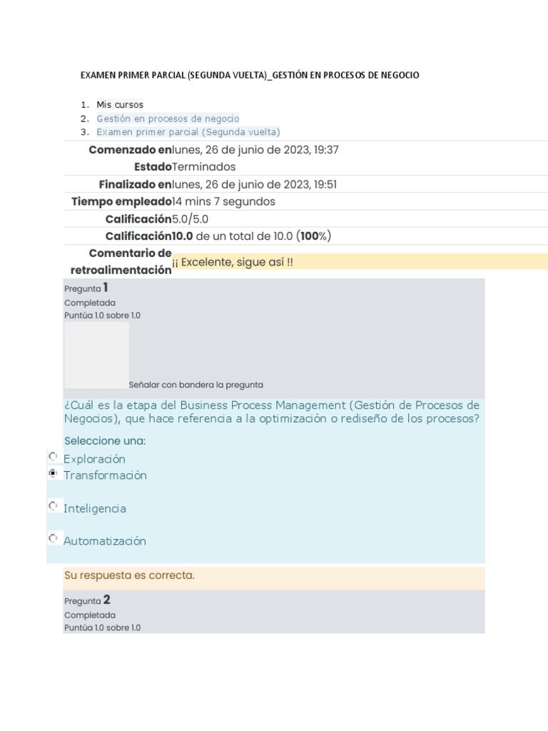 Examen Primer Parcial (Segunda Vuelta) - Gestión en Procesos de Negocio | PDF | Procesos de ...