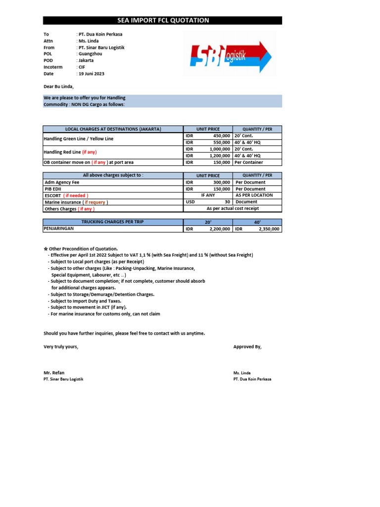 Draft Quotation Sea Import - FCL PT Dua Koin Perkasa | PDF | Cargo | Payments