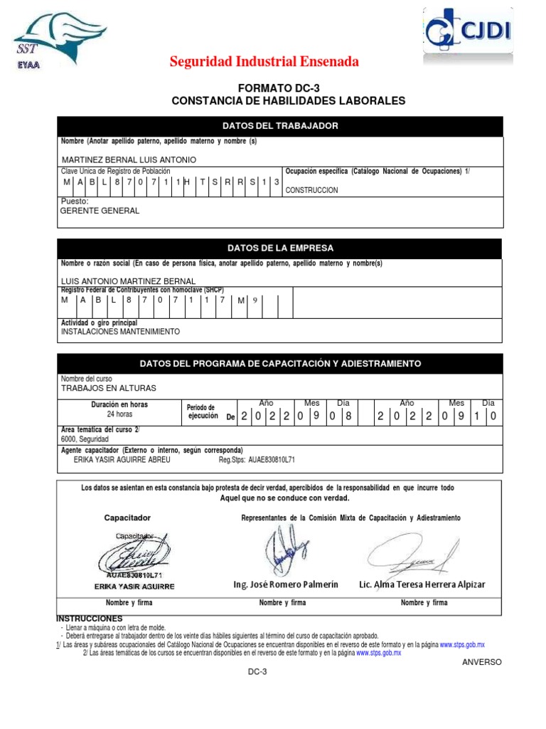 Constancia de Habilidades Laborales DC-3 | PDF