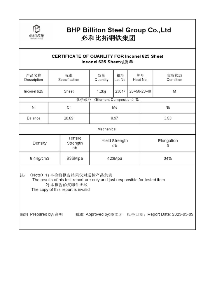 Inconel 625 Sheet Quality Certificate | PDF