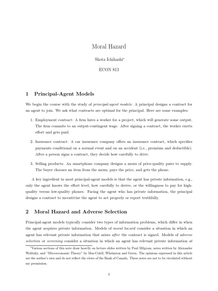 Understanding Moral Hazard Models | PDF | Pareto Efficiency ...