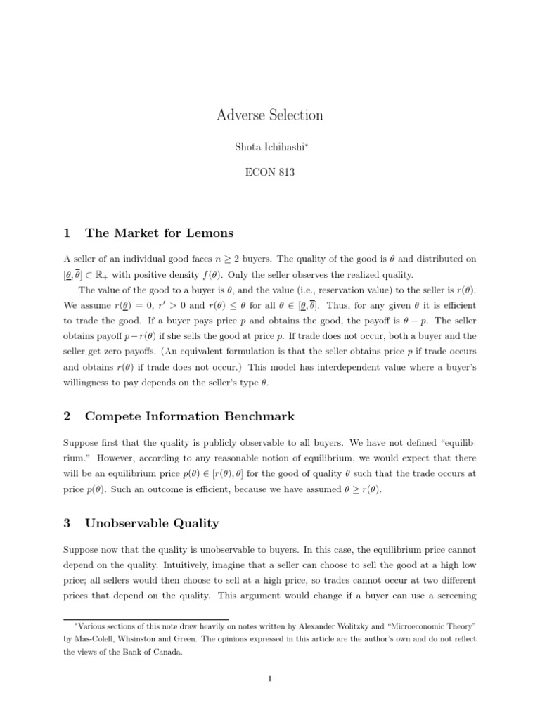 Lecture 4 Adverse Selection (Note) | PDF | Economic Equilibrium ...