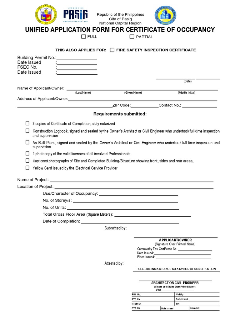 Pasig Unified Application for Occupancy | PDF