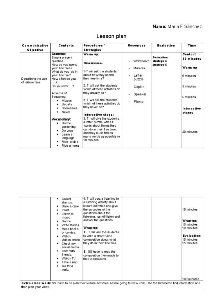 Leisure Time Activities Lesson Plan | PDF | Lesson Plan | Communication