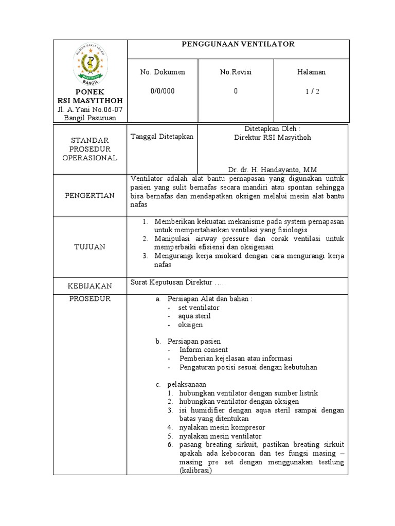 Sop Penggunaan Ventilator | PDF