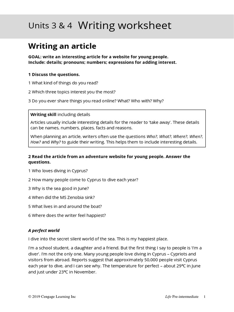 Life Pre-Intermediate Writing Worksheet Units 3&4 | PDF