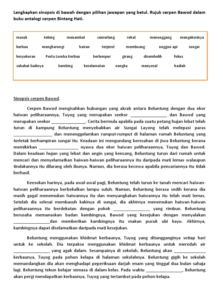 Sinopsis Cerpen Bawod untuk Tingkatan 3 | PDF