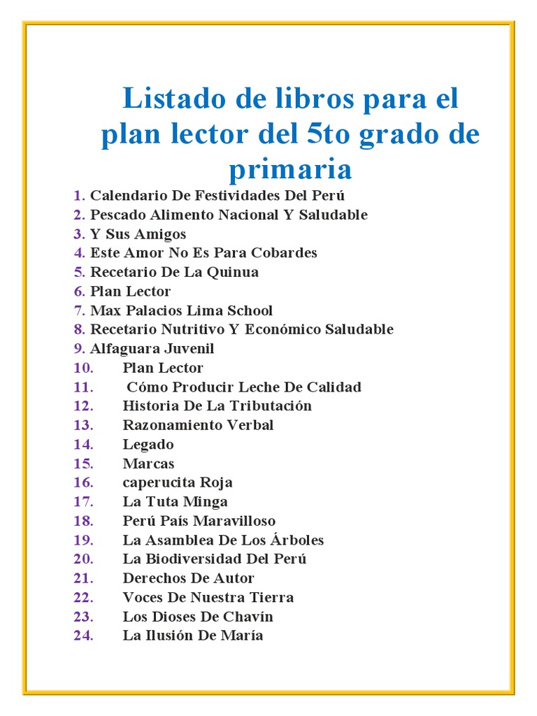 Listado de Libros para El Plan Lector Del 5to Grado de Primaria | PDF