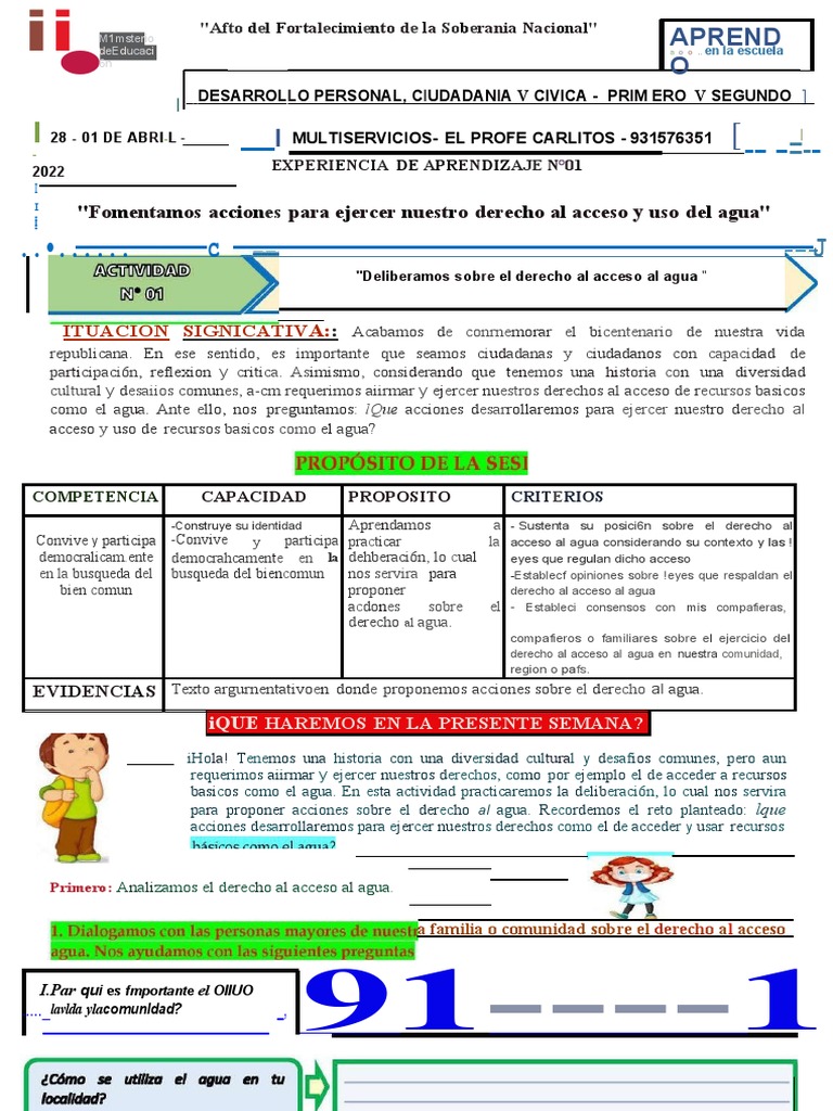 Experiencia de Aprendizaje 1 - Desarrollo Personal Ciudadania y Civica - Actividad 1 - 1ero y ...