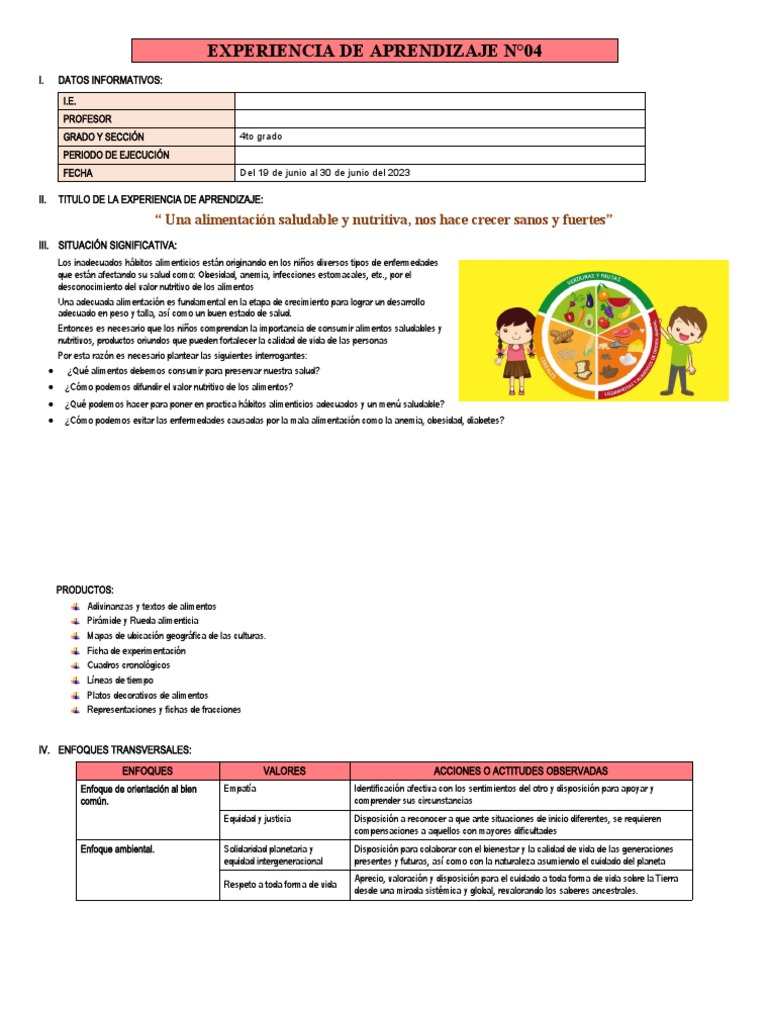 4° Grado - Experiencia de Aprendizaje N°04 | PDF | Alimentos | Aprendizaje