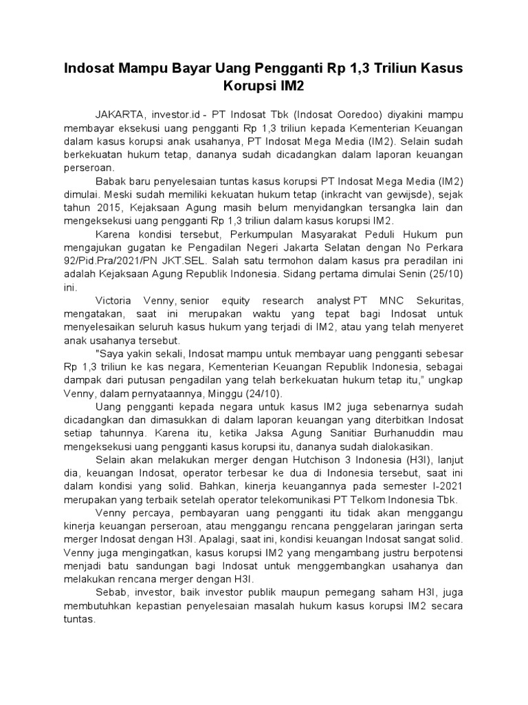 Indosat Mampu Bayar Uang Pengganti RP 1,3 Triliun Kasus Korupsi IM2 | PDF | Pengelolaan Keuangan ...